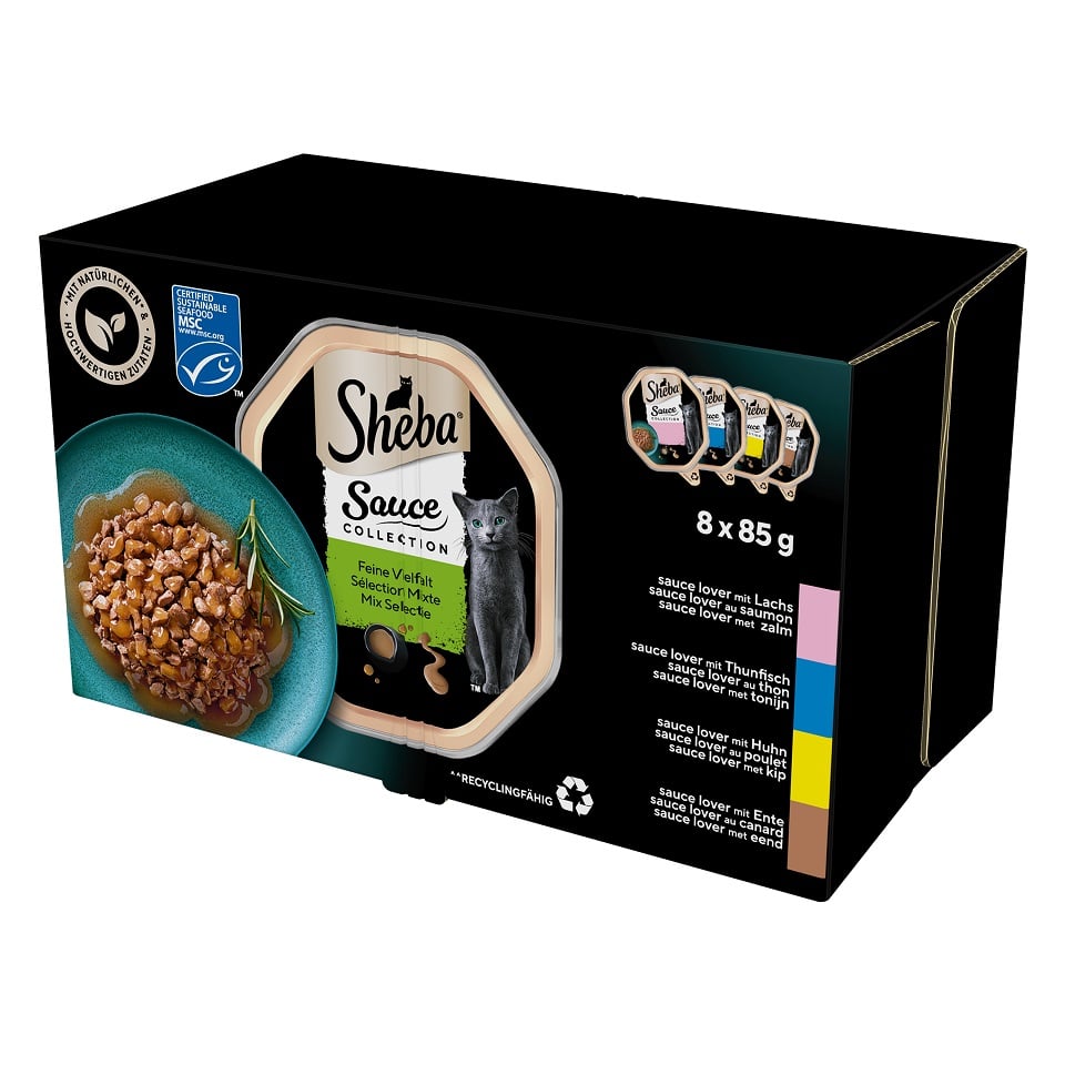 SHEBA Sauce Collection Mix gusti in salsa 32x85 g con salmone, tonno, pollo, anatra - Fera24.it